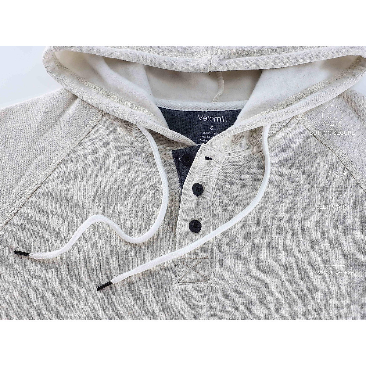 Vetemin Men's Casual Athletic Midweight Comfy Soft Fleece Active Sports Pullover Henley Hoodie Sweatshirt Black/H.Oatmeal L