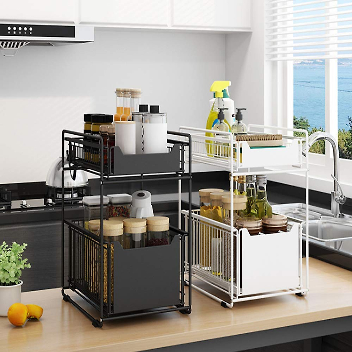 KirinRen Stackable 2-Tie Under Sink Cabinets Organizer With Sliding Storage Drawer, Pull Out Cabinets Organizer Shelf, Sliding Basket Organizer Drawer For Kitchen, Bathroom, Office (white)