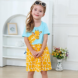 RETSUGO Little Girls A-Line Dress Kids Cute Giraffe Short Sleeve Summer Sundress Toddler Girl Casual Cotton Outfits for Party 1-8 Years Giraffe-1056-6T