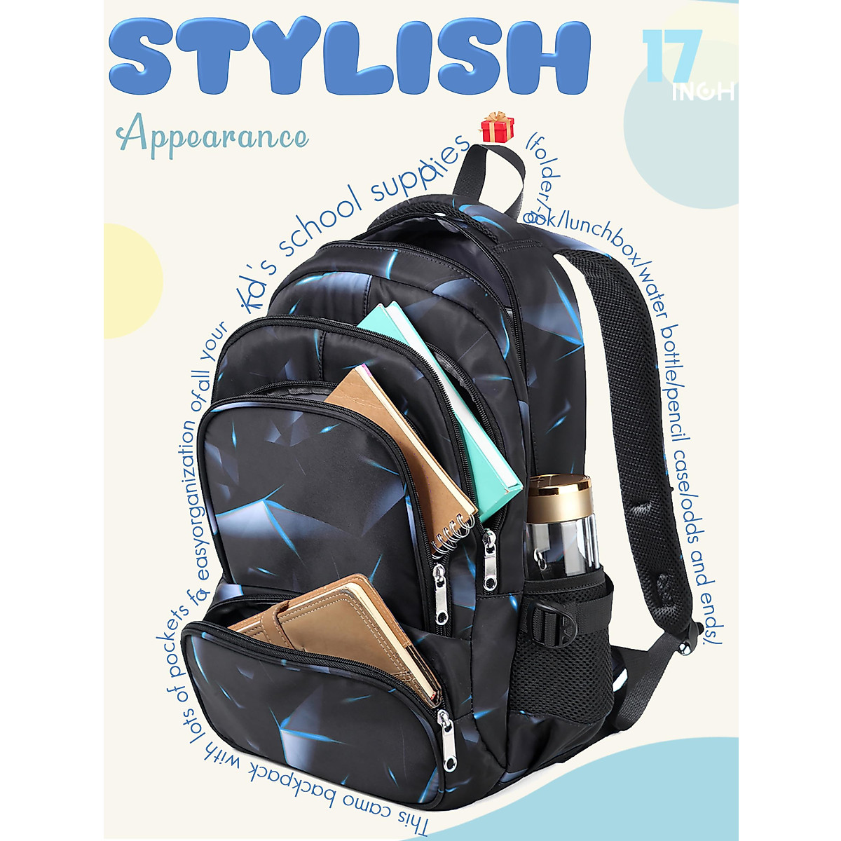 BLUEFAIRY Boys Backpack Elementary Kids School Bags Middle School Primary School Bookbags Lightweight Sturdy Durable Gift with Plenty of Pockets Age 5-9（Black&Blue