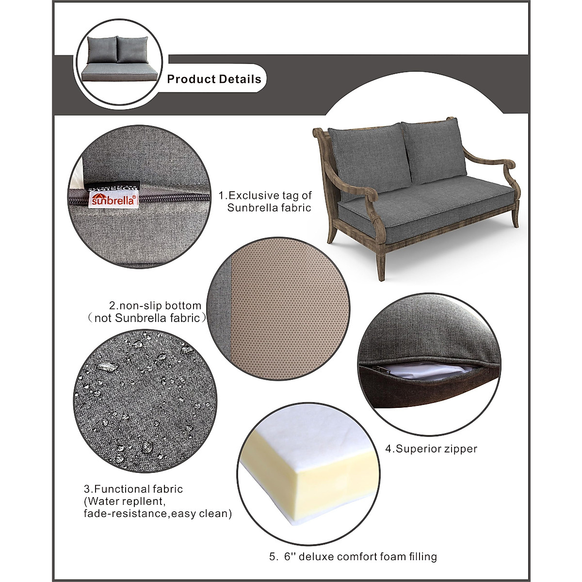 BOSSIMA Outdoor Patio Cushions Deep Loveseat Chair Cushions Furniture Cushions, Sunbrella Cast Slate