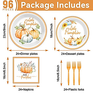 ZOIIWA 96 Pcs Little Pumpkin Baby Shower Tableware Set Thanksgiving Party Supplies Gender Reveal Dinnerware Pumpkin Baby Shower Party Disposable Fall Plates Napkins Party Decorations Serves 24 Guests