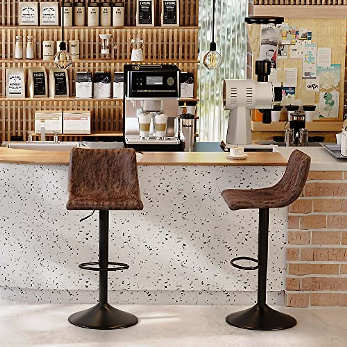 SUPERJARE Bar Stools Set of 2-360° Swivel Barstool Chairs with Back, Adjustable Height Bar Chairs, Modern Pub Kitchen Counter Height, Retro Brown, Fabric
