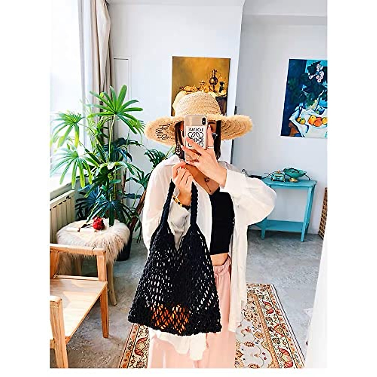 Hobo Handbags for Women, Fairy Grunge Aesthetic Tote Bags Beach Trendy Crochet Bags Cute Flower Slouchy Knit Bag (A-Black)