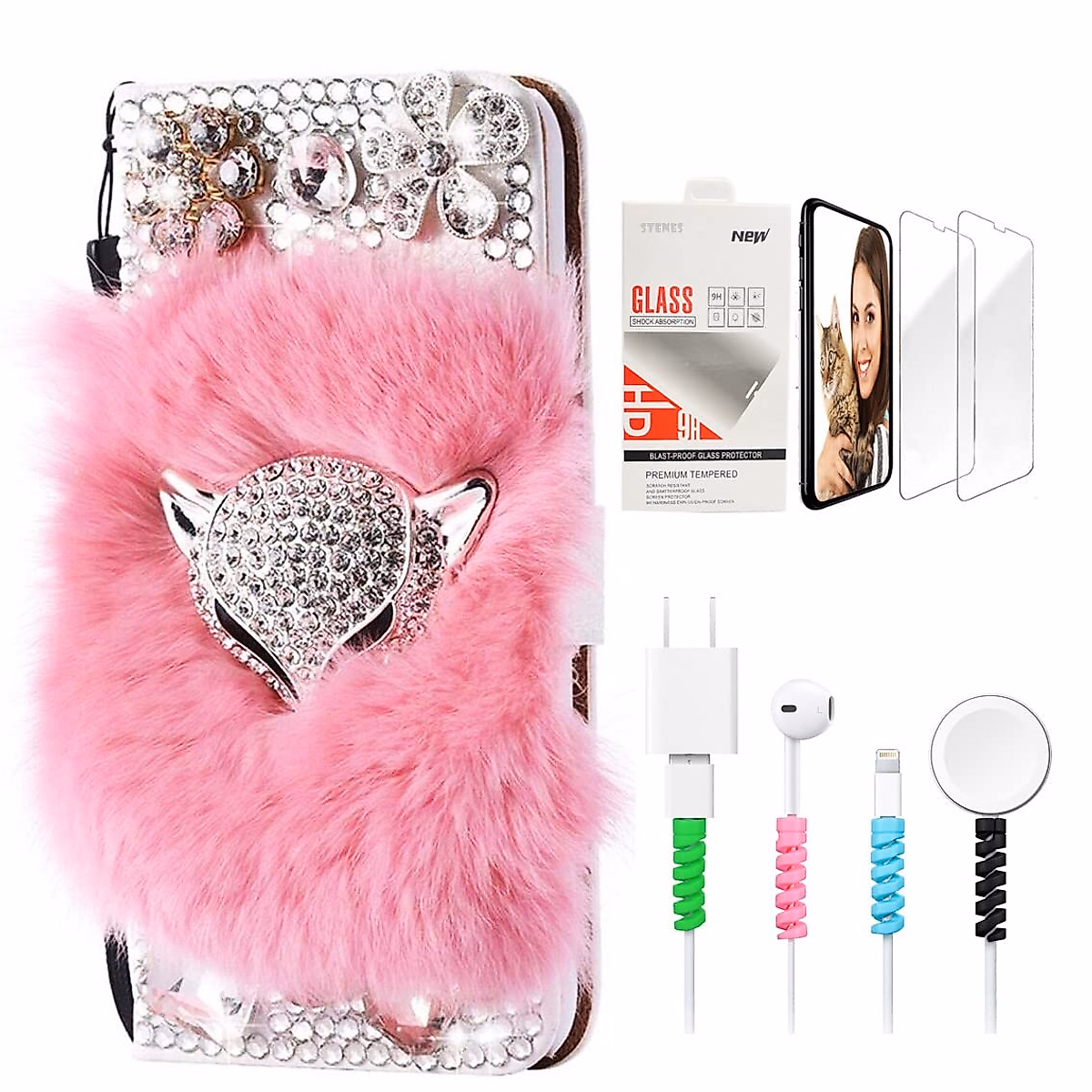 STENES Bling Wallet Luxury Phone Case Compatible with Samsung Galaxy S23 Ultra - Stylish - 3D Handmade Luxury Fox Flowers Design Leather Cover with Screen Protector & Cable Protector - Pink