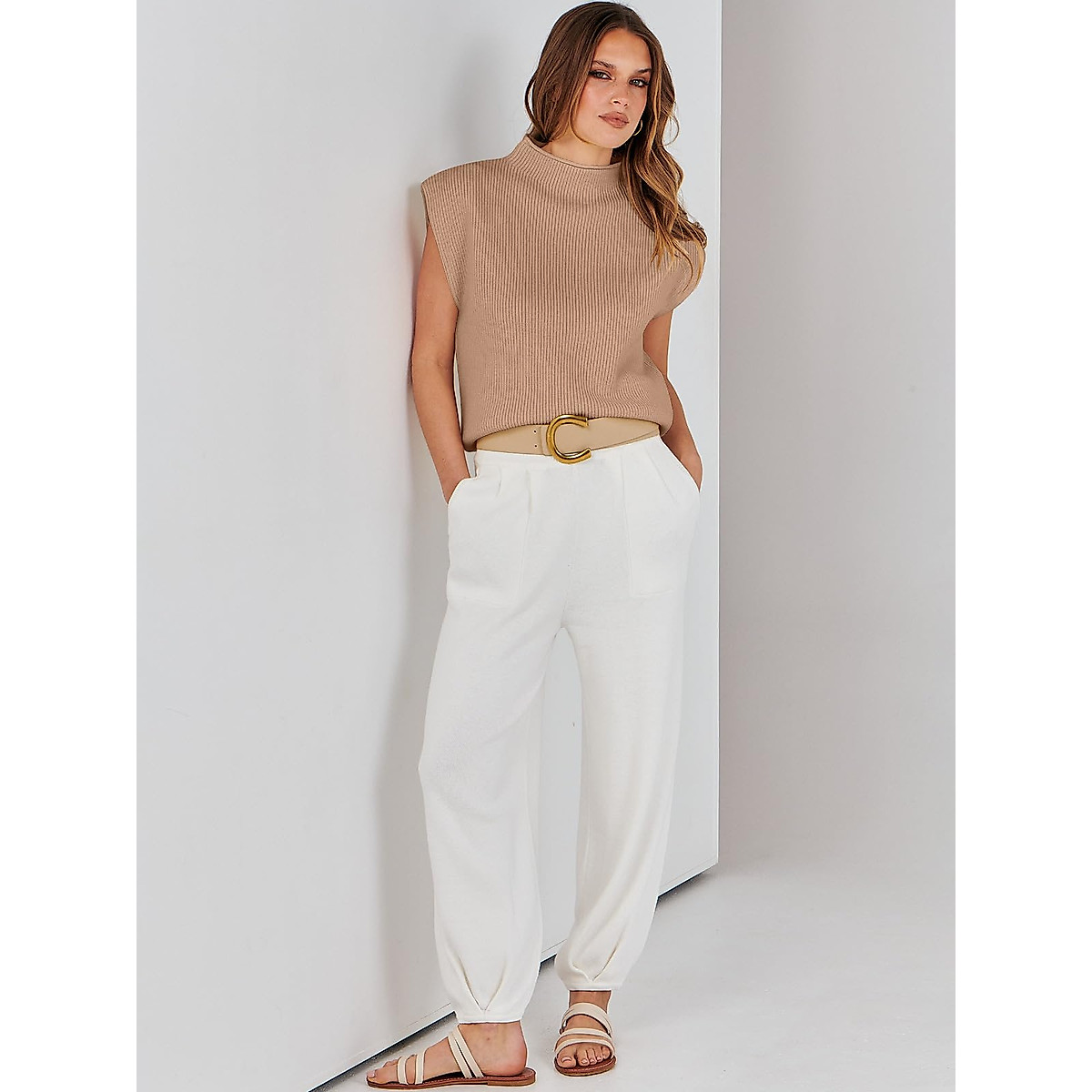 LOGENE Women's Sweater Vest Sleeveless Mock Neck Tank Top Ribbed Knit Cap Sleeve Pullover Sweaters 2023 Fall Trendy Clothes apricot Medium