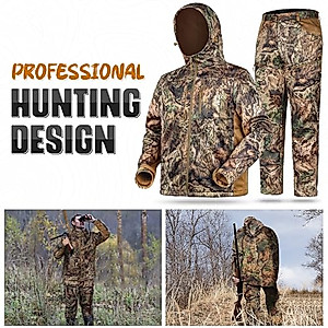 HUNT MONSTER Silent Hunting Clothes for Men, Safety Strap Compatible Hunting Jacket and Pants with Fleece Lining, Quiet, Winter Warm, Water Resistant and Insulated(XL)