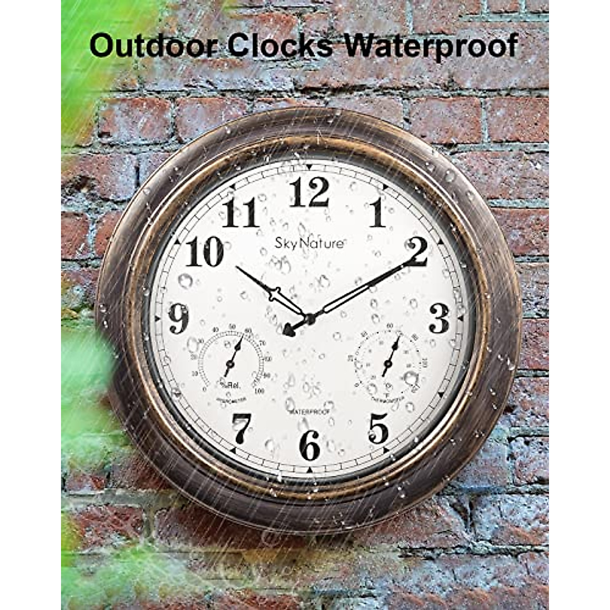 SkyNature Outdoor Clocks Large Waterproof with Thermometer and Hygrometer - 18 Inch Silent Battery Operated Metal Clock, Decorative Garden Clock for Patio, Pool and Home - Bronze