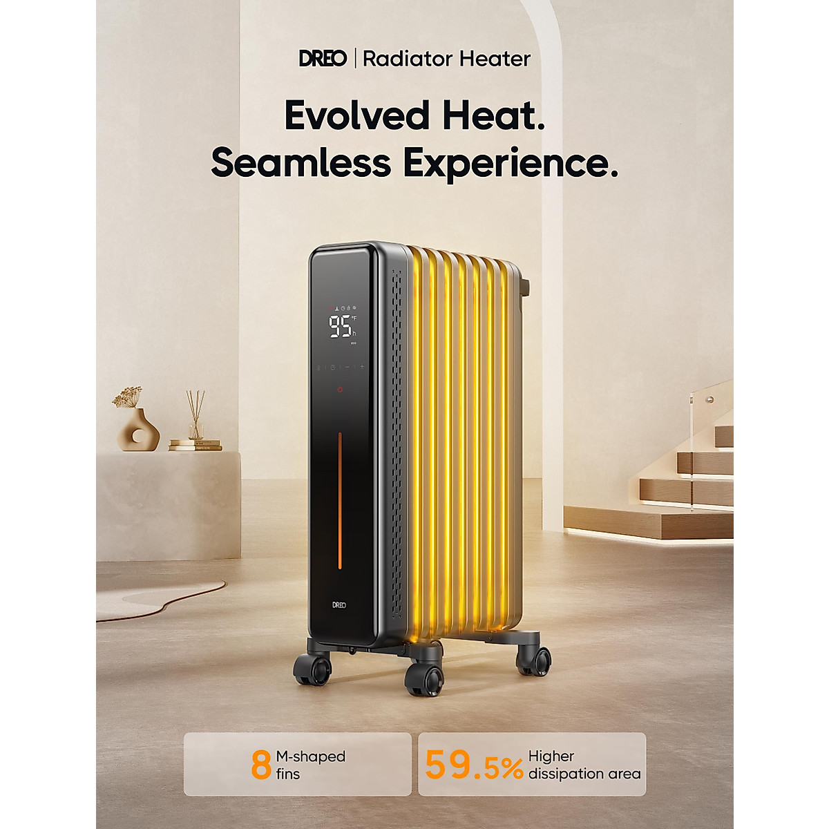 Dreo Radiator Heater, 1500W Portable Space Oil Filled with Remote Control, 4 Modes, Overheat & Tip-Over Protection, 24h Timer, Quiet, Large Space, Anti-scald Handle, Large Carpet Caster, Indoor
