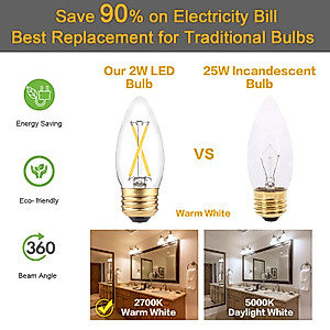 B11 E26 Candelabra LED Bulbs 25 Watt Equivalent, Dimmable LED Chandelier Light Bulbs, Soft White 3000K, 2W 200LM, Decorative Candle Filament Bulb for Ceiling Fan Pandent Lights, 3-Pack