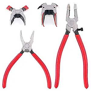 Swpeet 2Pcs Heavy Duty Breaker Grozer Pliers and Glass Running Pliers Kit with Rubber Tips, Glass Pliers with Flat Jaws & Curve Jaw Perfect for Stained Glass