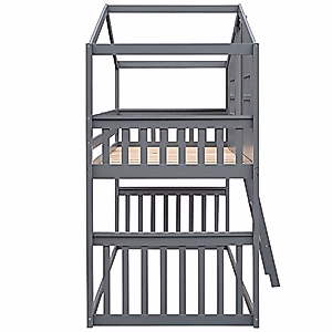 Merax Twin Over Twin House Bunk Bed with Ladder, Twin Wood Bed Frame with Roof Design, Bunk Bed for Teens, Boys and Girls, Gray