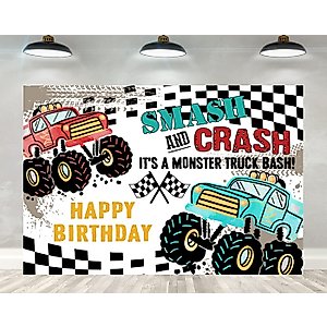 Ticuenicoa Grave Digger Monster Truck Birthday Backdrop - 5x3ft Flame Design Photo Booth Background for Boys, Kids Party Decorations Banner & Props Supplies