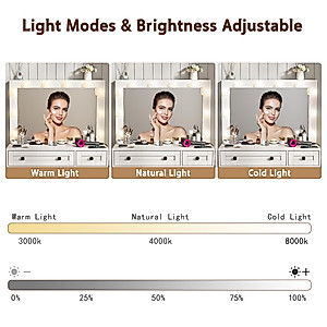 Pipleo Farmhouse Vanity Makeup Desk with Lighted Mirror, 35.4" Modern Vanity Desk Set with 3 Drawers and Power Outlet, 3 Lighting Modes Brightness Adjustable for Bedroom, Including Vanity Stool, White