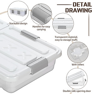 Beeveer 4 Pcs Plastic Under Bed Storage Containers with Double Opening Lids Wheel Handle, Transparent Large Capacity Stackable Latching Storage Bins for Closet Bedroom, 31.5 x 15.8 x 5.2 Inch(White)