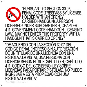 ComplianceSigns.com Texas 30.07 Concealed Carry Bilingual Sign, 24x24 inch Aluminum for Alcohol/Drugs/Weapons, Made in USA