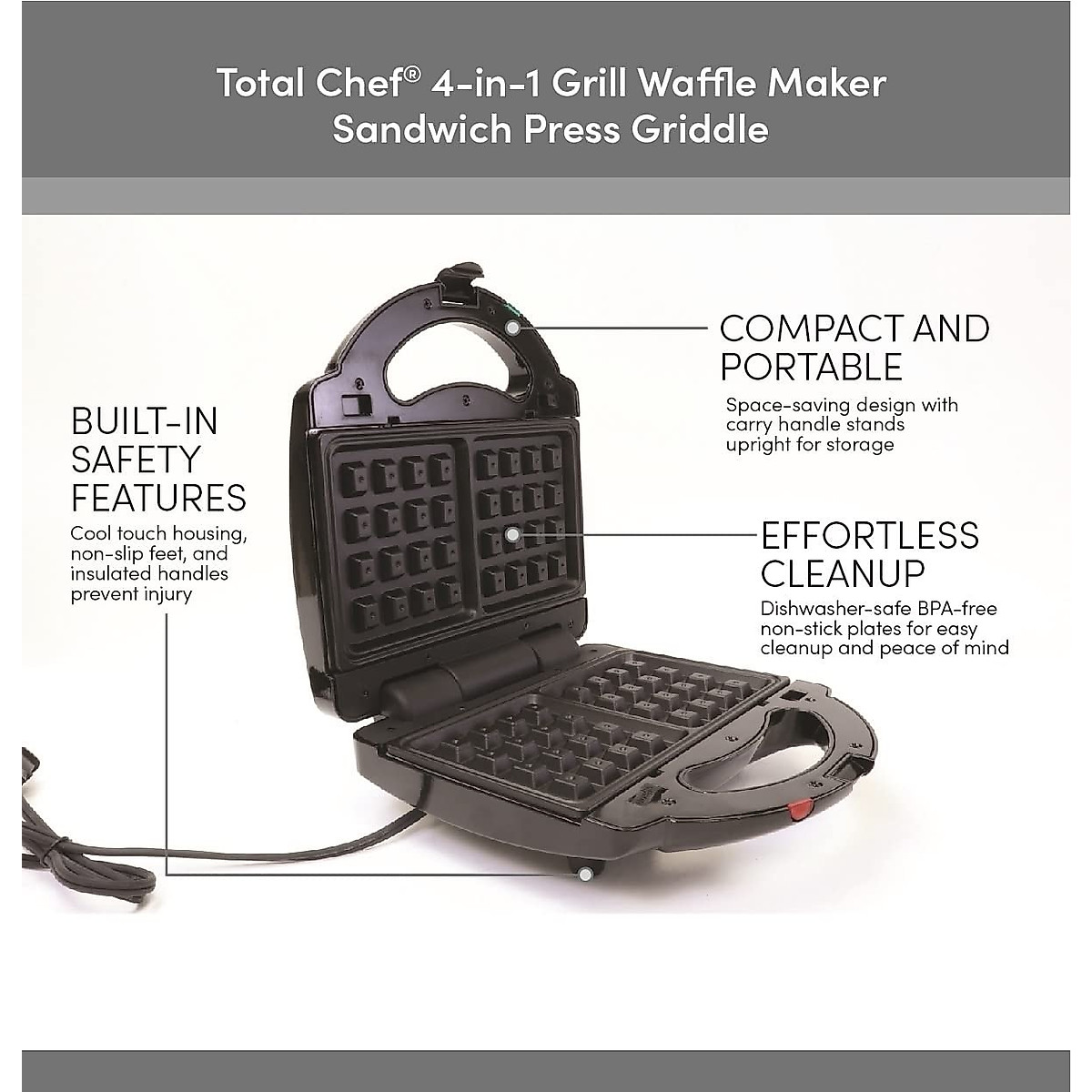 Total Chef 4-in-1 Waffle Maker, Indoor Grill, Sandwich Maker, Panini Press, Electric Griddle, Toaster, Removable Non-Stick Cast Iron Plates, Perfect for Grilled Cheese, Breakfast, Omelets