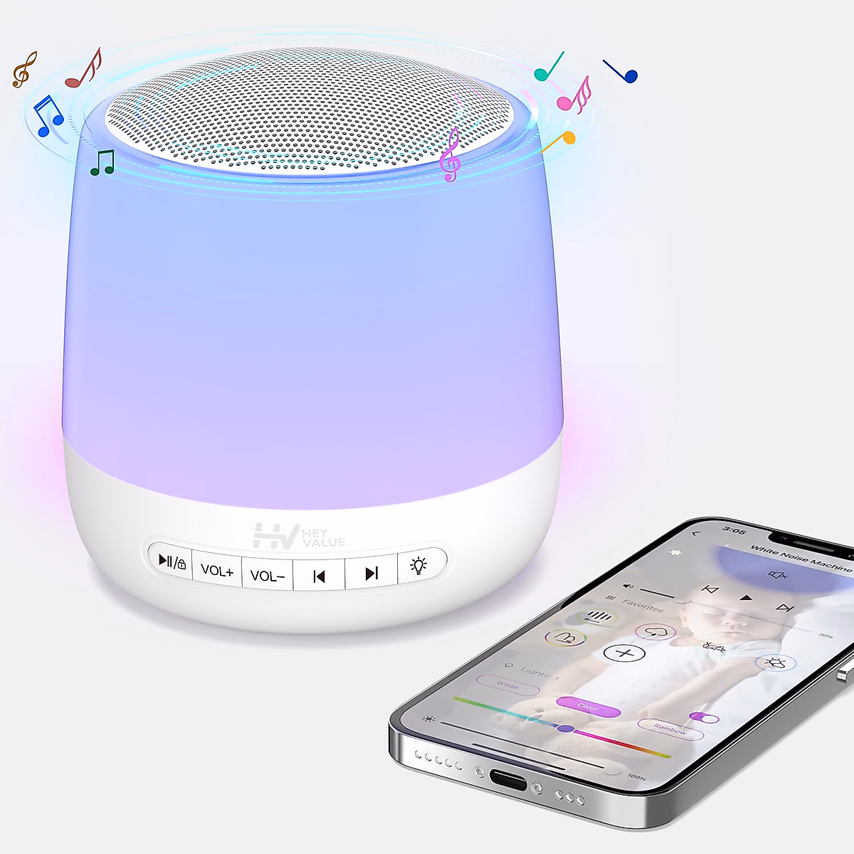 Baby Sound Machine, HEYVALUE White Noise Machine for Baby Sleeping, Night Light |Toddler Sleep Trainer | 34 Soothing Sound | App Remote Control, Personal Sleep Routine (Wi-Fi)