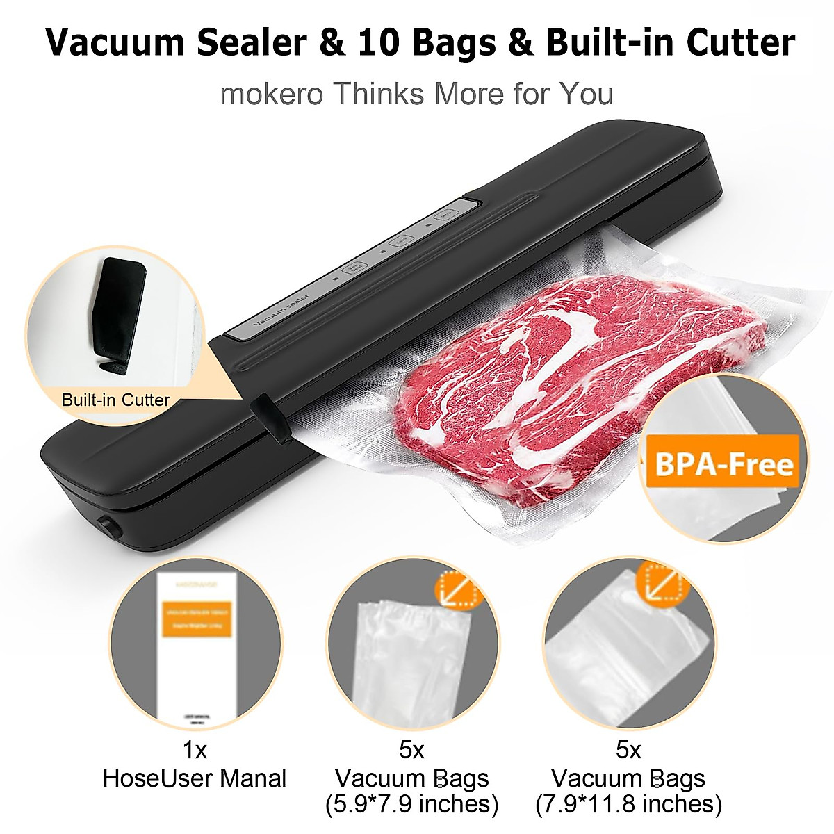 mokero Vacuum Sealer for Food Compact Meal Meat Vacuum Sealer Machine with 10 Seal Bags and Cutter Automatic Vacuum Air Sealing System for Dry Moist Freezer Food Storage