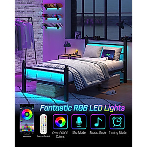 CollaredEagle Twin Bed Frame with Headboard and Footboard,Heavy Duty Steel Slats Support Metal Bed Frame with Charging Station, Black