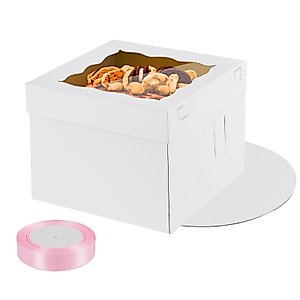 Zeonly 5 Pcs 10x10x8 inch Corrugated Cake Boxes with Cake Boards,10 inch Tall Cake Box with Stickers and Ribbon for Christmas Wedding Birthday Party