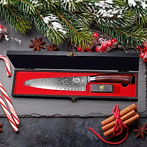 MITSUMOTO SAKARI 7.5 inch Japanese Damascus Chef Knife, 67-Layer Hand Forged VG-10 Damascus Santoku Knives, Professional Japanese Kitchen Meat Sushi Knife (Kotan Wood Handle & Gift Box)