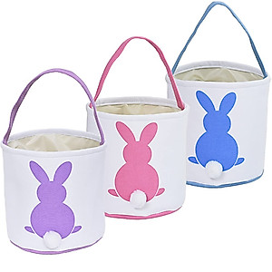 3 Pcs Easter Bunny Basket Bags for Kids - Canvas Cotton Carrying Gift and Eggs Hunt Bag, Fluffy Tails Printed Rabbit Toys Bucket Tote for Girls & Boys (Pink, Purple, Blue)