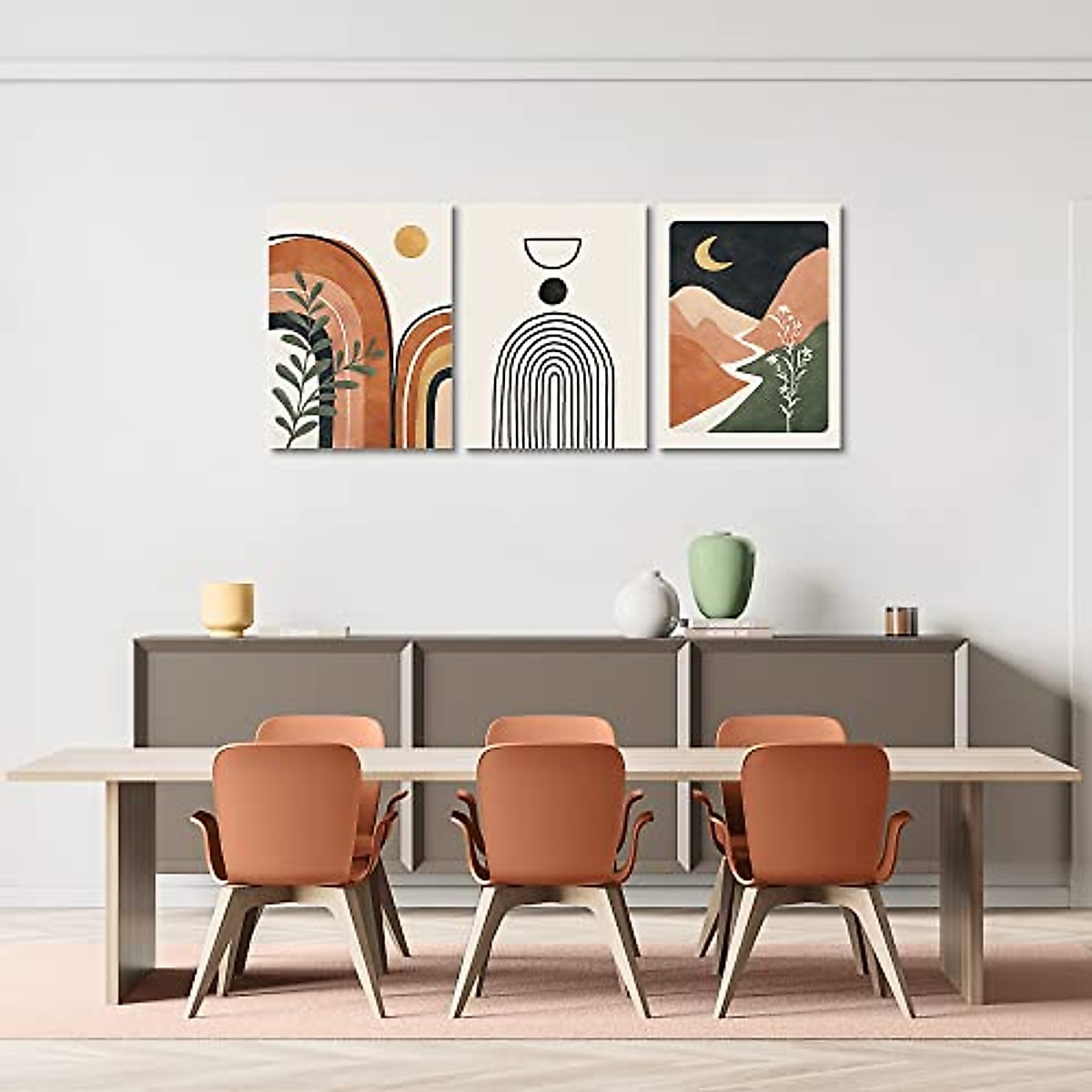 Minimalist Boho Wall Art Set of 3, Abstract Wall Art Mid-Century Modern Art Print, Neutral Geometric Canvas Artwork Posters for Living Room, Bedroom, Bathroom, Gallery, Boho Room Decor 12"x16", Framed