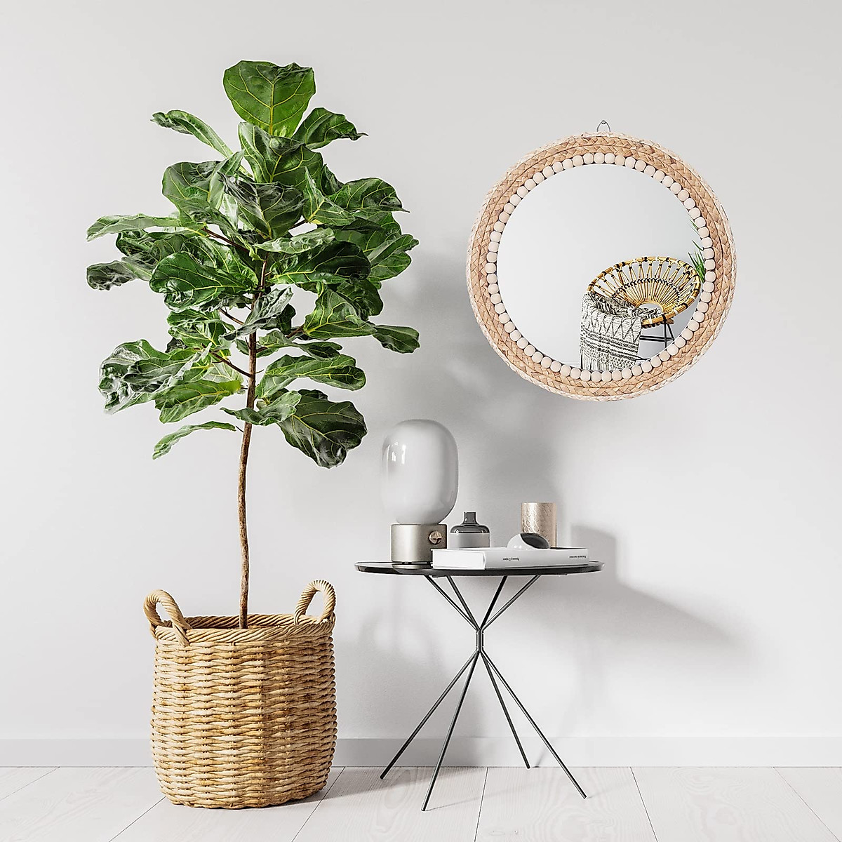 SWTHONY 15 Inch Boho Round Hanging Wall Mirror Decorative Rattan Circle Wall Mounted Mirror for Farmhouse, Living Room, Bedroom, Bathroom