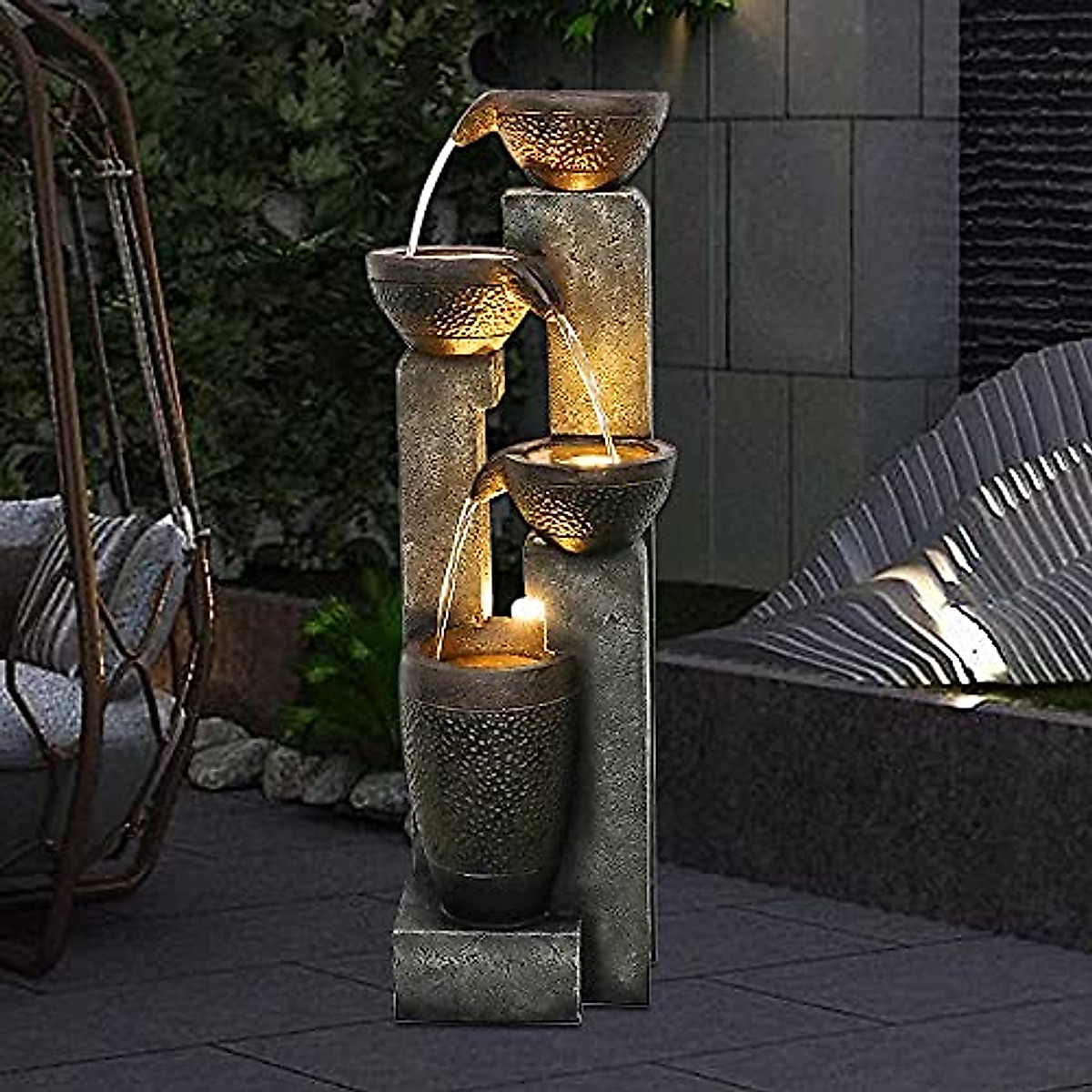 Handunmi Outdoor Garden Water Fountain-Indoor Polyresin Waterfall Floor-Standing Fountains with LED Lights for Garden, Patio, Deck, Porch, Yard Art Decor (40inch)