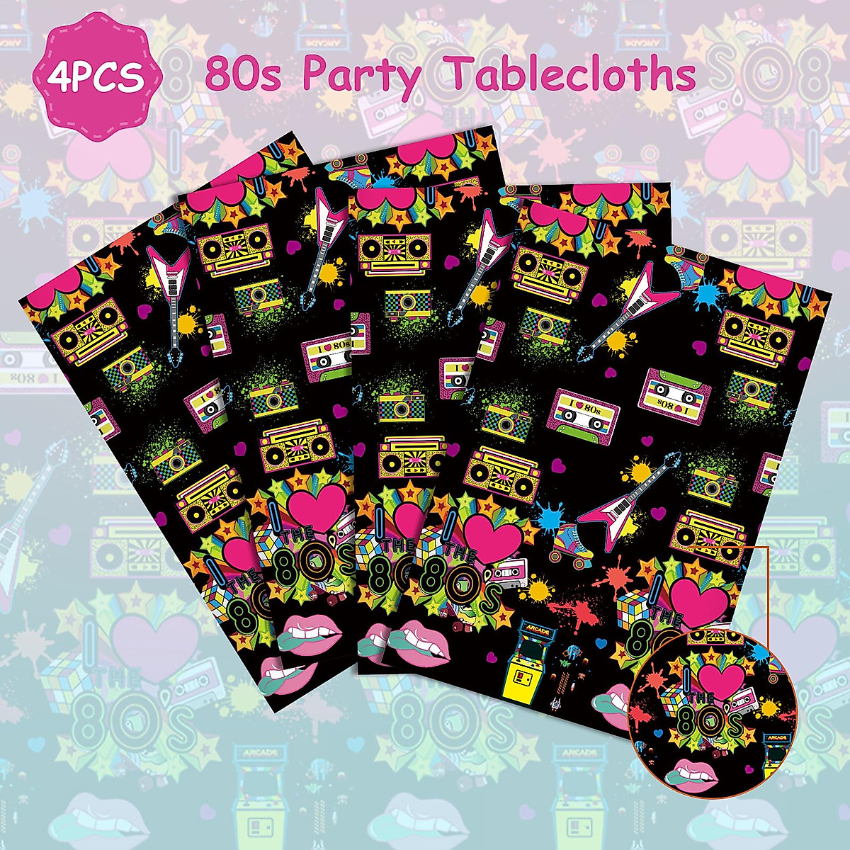 FunHot 80s Tablecloths, 4 Pcs 54 x 108 Inch Waterproof Black Print Rectangular Table Covers for 80s Nostalgia Party Decorations