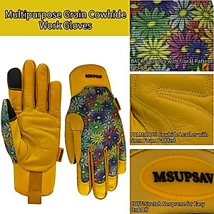 MSUPSAV Women Gardening Gloves with Touchscreen,Garden Gloves for Women,Cowhide Leather Work Gloves for Women,Gardening Gfits,Colorful flowers,Large