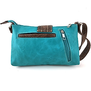 Justin West Western Tooled Laser Cut Rhinestone Buckle Messenger Bag Purse with Long Crossbody Strap (Turquoise)