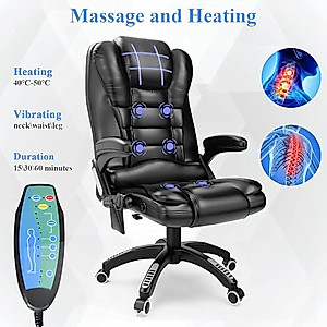 Leather Executive Massage Office Chair with 6 Pointed Vibrating, Heated Ergonomic Home Office Gaming Chair with Adjustable Height and Wheels, Big and Tall Office Chair for Adults, Black