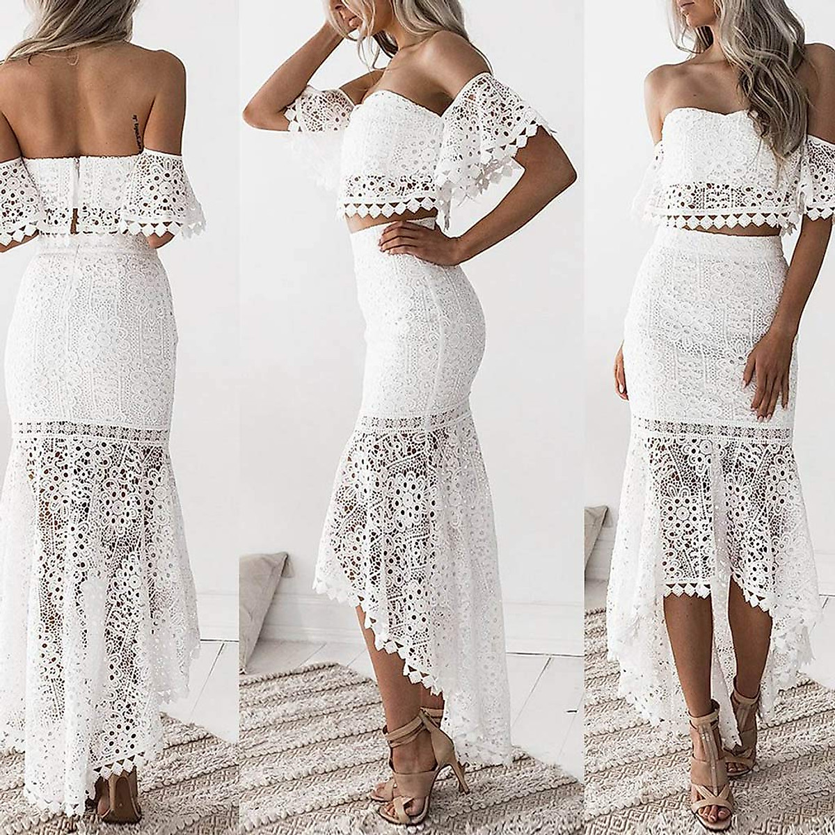 Off Shoulder Lace Dress, Women Two Piece White Lace Outfit Crop Tube Top Lace Crochet Low High Pencil Skirt Dress