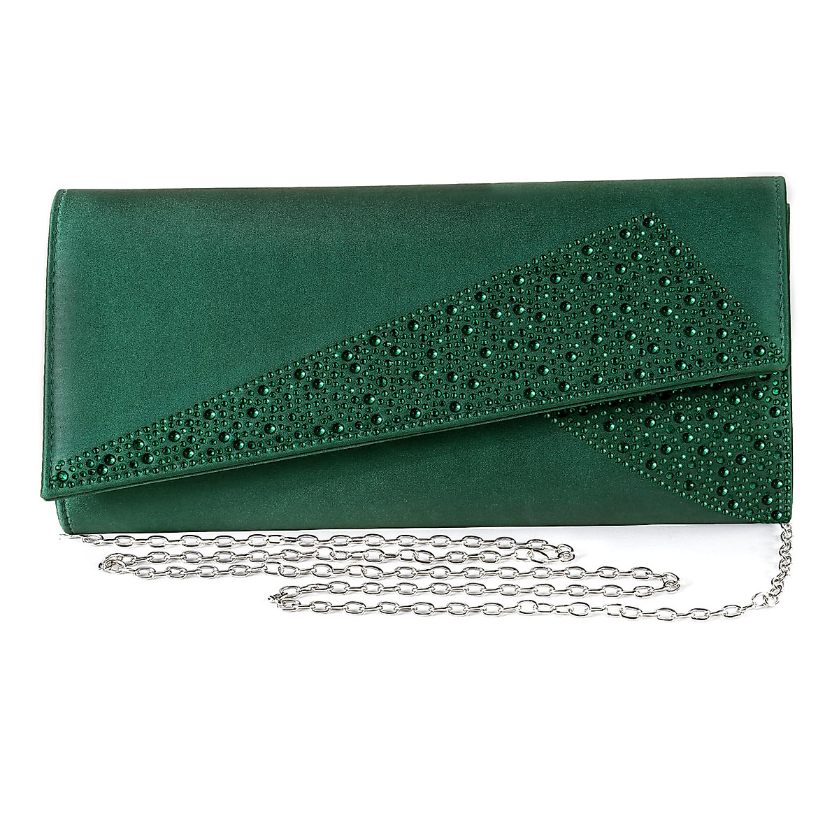 Mulian LilY M092 Women Satin Rhinestones Evening Bags Prom Bridal Clutch Purse Cross Body With Detachable Chain Strap Green