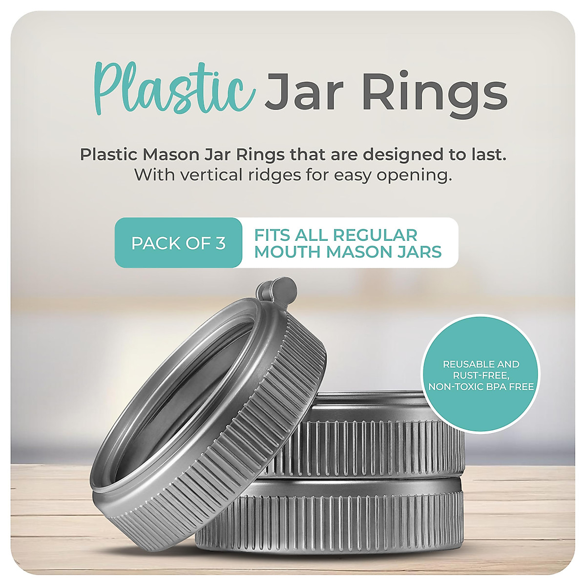 Mason Bottle Plastic Mason Jar Rings/Bands (Set of 3) Fits All Regular Mouth Mason Jars, Reusable and Rust-Free, Non-Toxic BPA Free (Silver, Regular-Mouth)