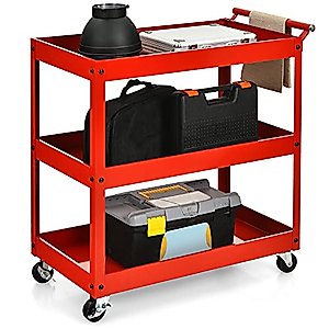 Goplus 3-Tier Utility Cart, Heavy Duty Commercial Service Tool Cart w/Lockable Wheels, 330lbs Load Capacity, Ergonomic Handle, Rolling Mechanic Tool Cart Storage Organizer for Warehouse Garage
