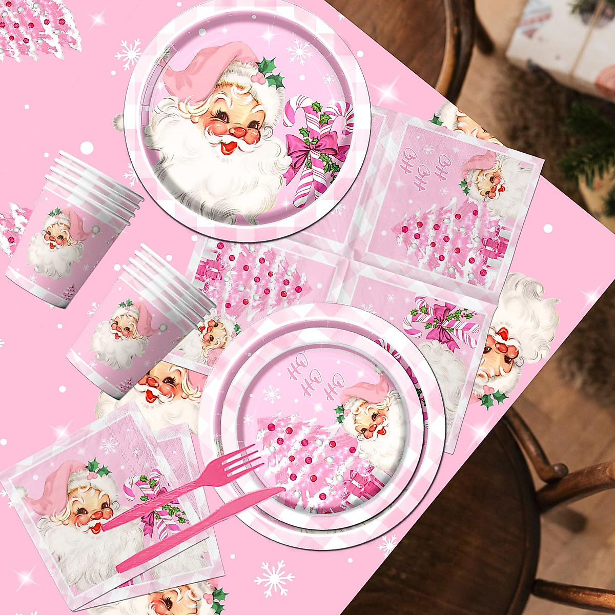 Christmas Party Supplies, 142Pcs Christmas Dinnerware Set Includes Pink Santa Claus Snowflake Napkins and Plates,Cups,Banner,Xmas Tablecloth for Merry Christmas Holiday Party, Serves 20