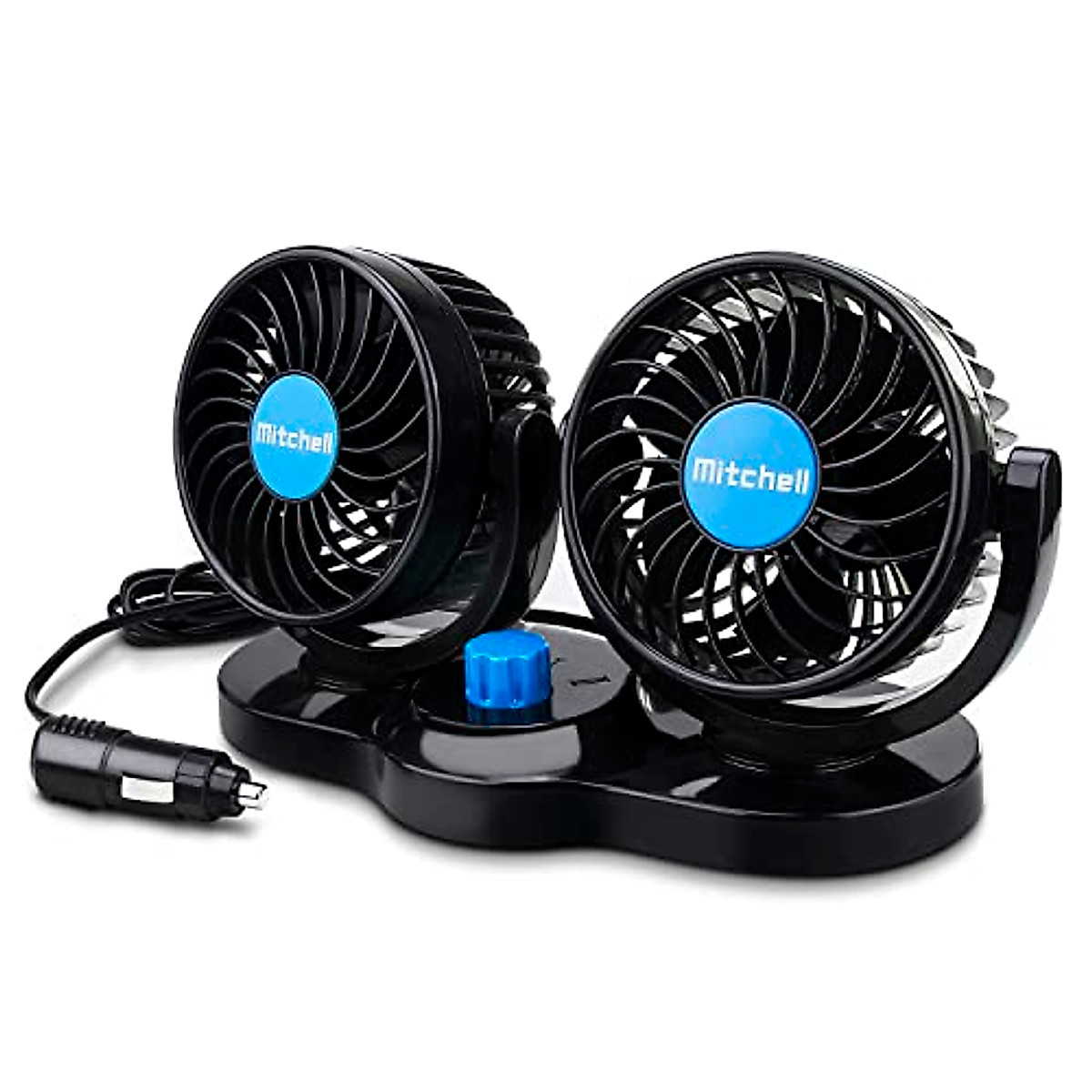 Jhua 12V Electric Car Fan 360 Degree Rotatable 2 Speed 4in Dual Head Car Auto Cooling Air Circulator Fan Quiet - Cigarette Lighter for Van SUV RV Boat Auto Vehicles Golf (Black