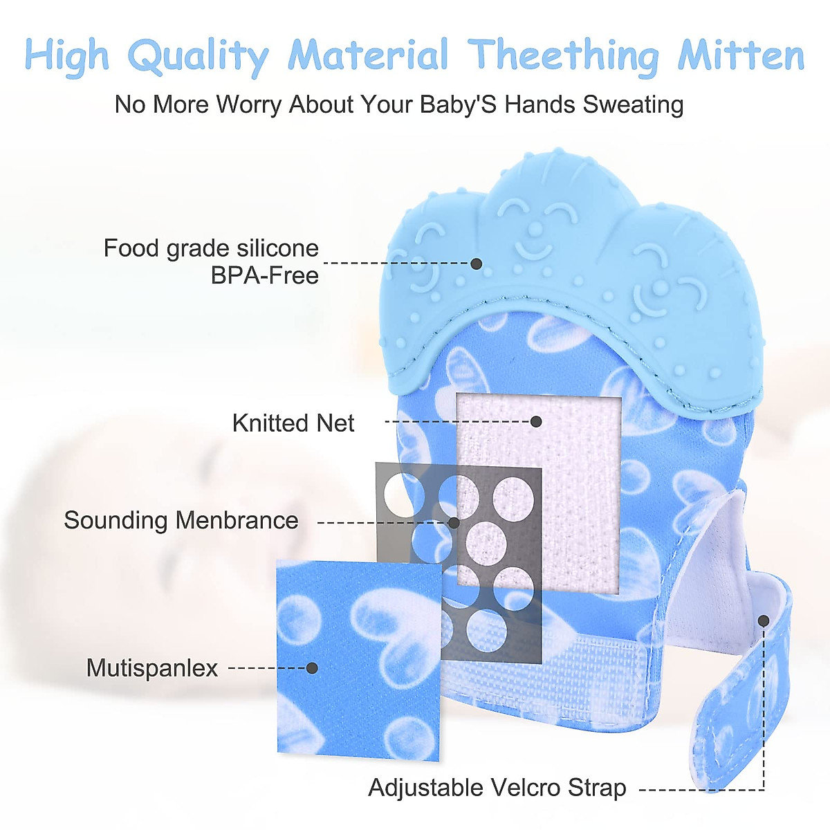 2Pack Silicone Teething Mitt, Soothing Infant Teething Mitten Pain Relief, Prevent Scratches Glove, Safe Silicone Teething Toys for 0-12 Months Blue Heart