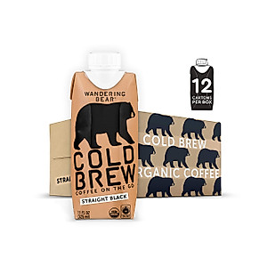 Wandering Bear Straight Black Organic Cold Brew Coffee On-the-Go, Iced Coffee, 11 fl oz, 12 pack - Extra Strong, Smooth, Unsweetened, Shelf-Stable, Ready to Drink