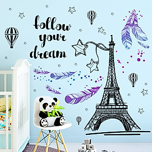 RW-4939 Giant Eiffel Tower Wall Decals Purple Feather Stars Vinyl Wall Stickers DIY Removable Balck Unique Paris Hot Air Balloons Stars Decor for Kids Teens Bedroom Living Room Nursery Decoration