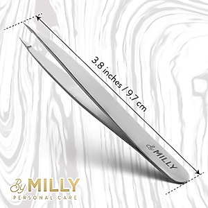 By MILLY Pointed Tweezers | High Carbon Stainless Steel Needle Nose Tweezers | Fine Point Tweezers Precision Hair Removal | Perfectly Aligned & Hand-Filed Sharp Tweezers | Silver