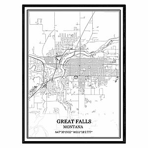 TANOKCRS Great Falls Montana USA America Map Wall Art Canvas Print Poster Artwork Unframed Modern Black and White Map Souvenir Gift Home Decor
