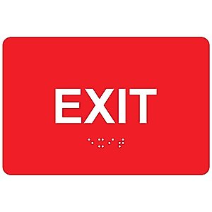 ComplianceSigns.com Exit Sign, ADA-Compliant Braille with Raised Letters, 6x4 in. White on Red Acrylic with Adhesive Mounting Strips