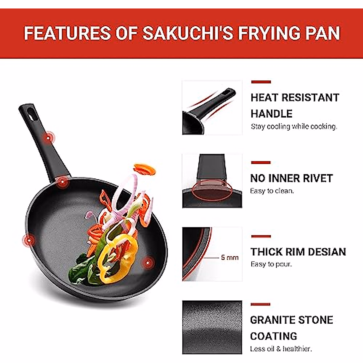 Sakuchi Nonstick Frying Pan 11 Inch, Skillet Non Stick for Induction Cooktop, Cooking Pan with Bakelite Handle, Black