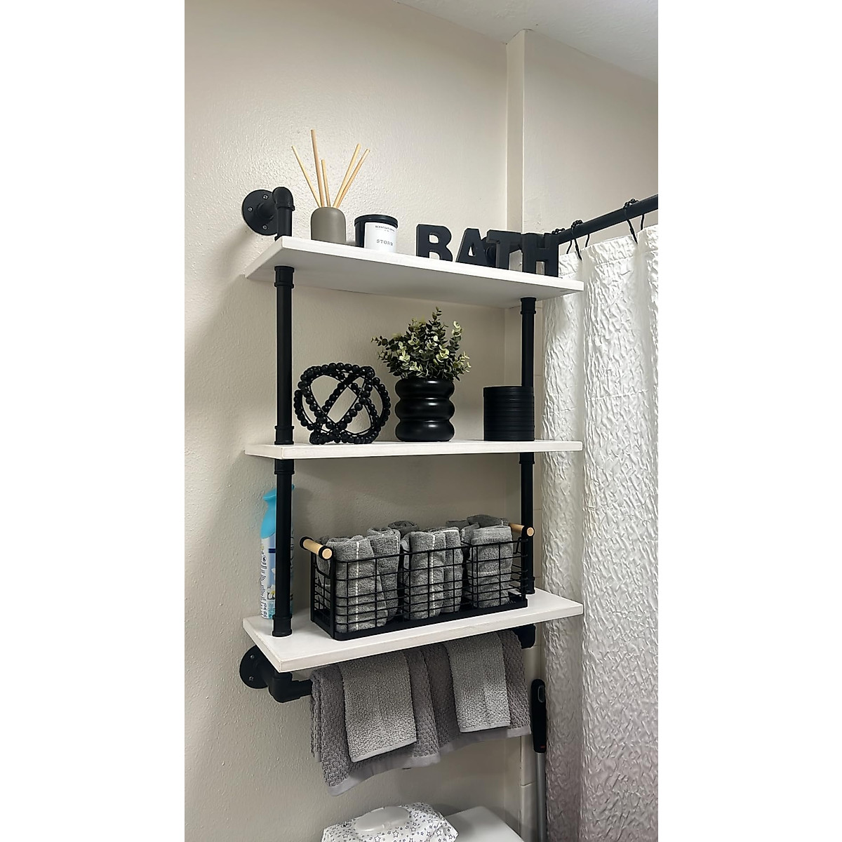 ROGMARS Industrial Pipe Shelving Bathroom Pipe Shelves with Towel Bar,3 Tier 24 inch Retro White Rustic Farmhouse Pipe Industrial Wall Shelves Bathroom Shelves Over Toilet for Storage