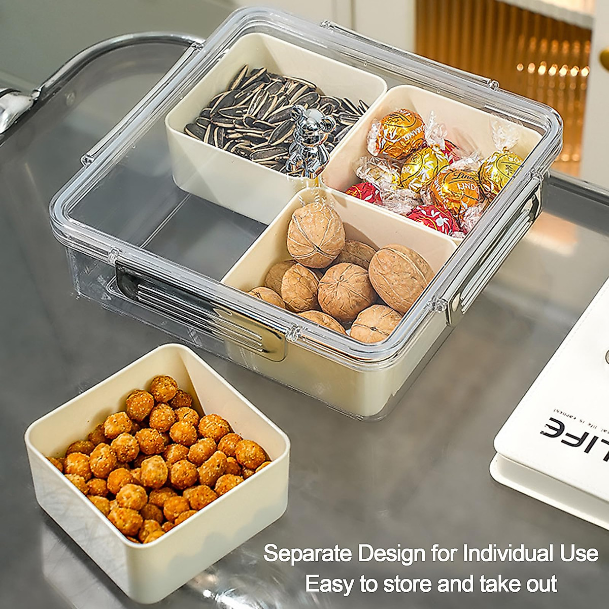 Famiredo Food Storage Organizer with Lid, Divided Serving Tray with 4 or 5 Removable Boxes, Stackable Refrigerator Organizer Bins Produce Saver for Meal Prep(Square)