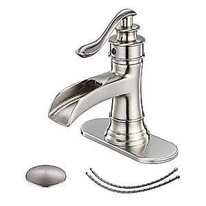 BWE Bathroom Faucet Brushed Nickel Waterfall Single Hole Matching Pop Up Drain Stopper Handle Sink Faucets Bath Vanity Lavatory Vessel Commercial Satin with Water Supply Hose